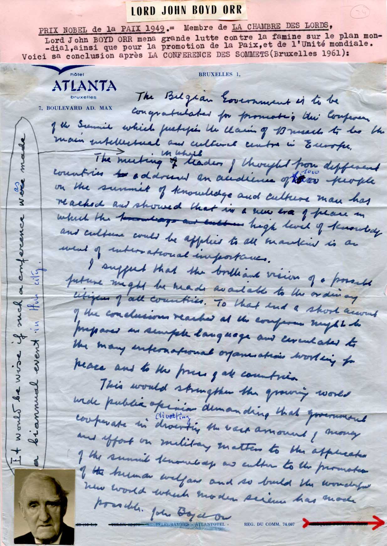 John Boyd Orr autograph letter signed