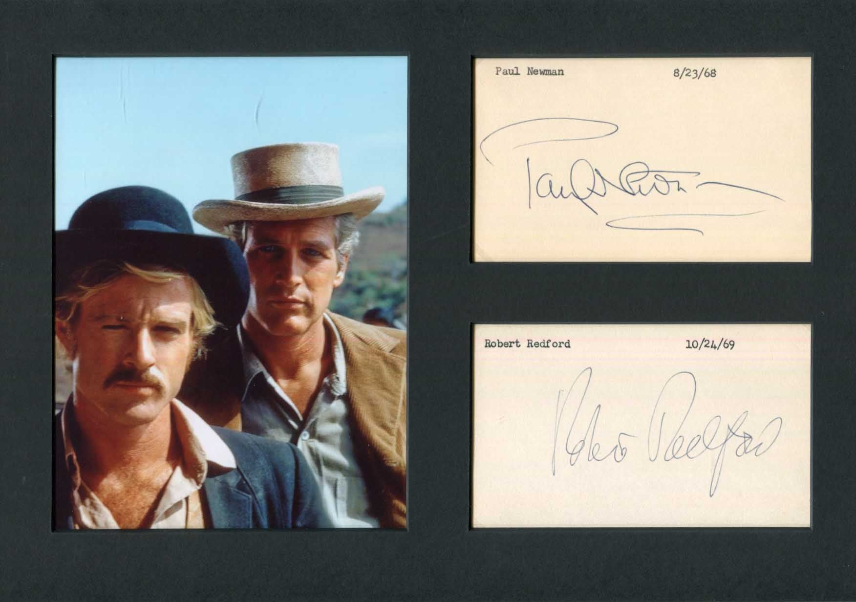 Paul Newman & Robert Redford autographs, two signed cards & mounted