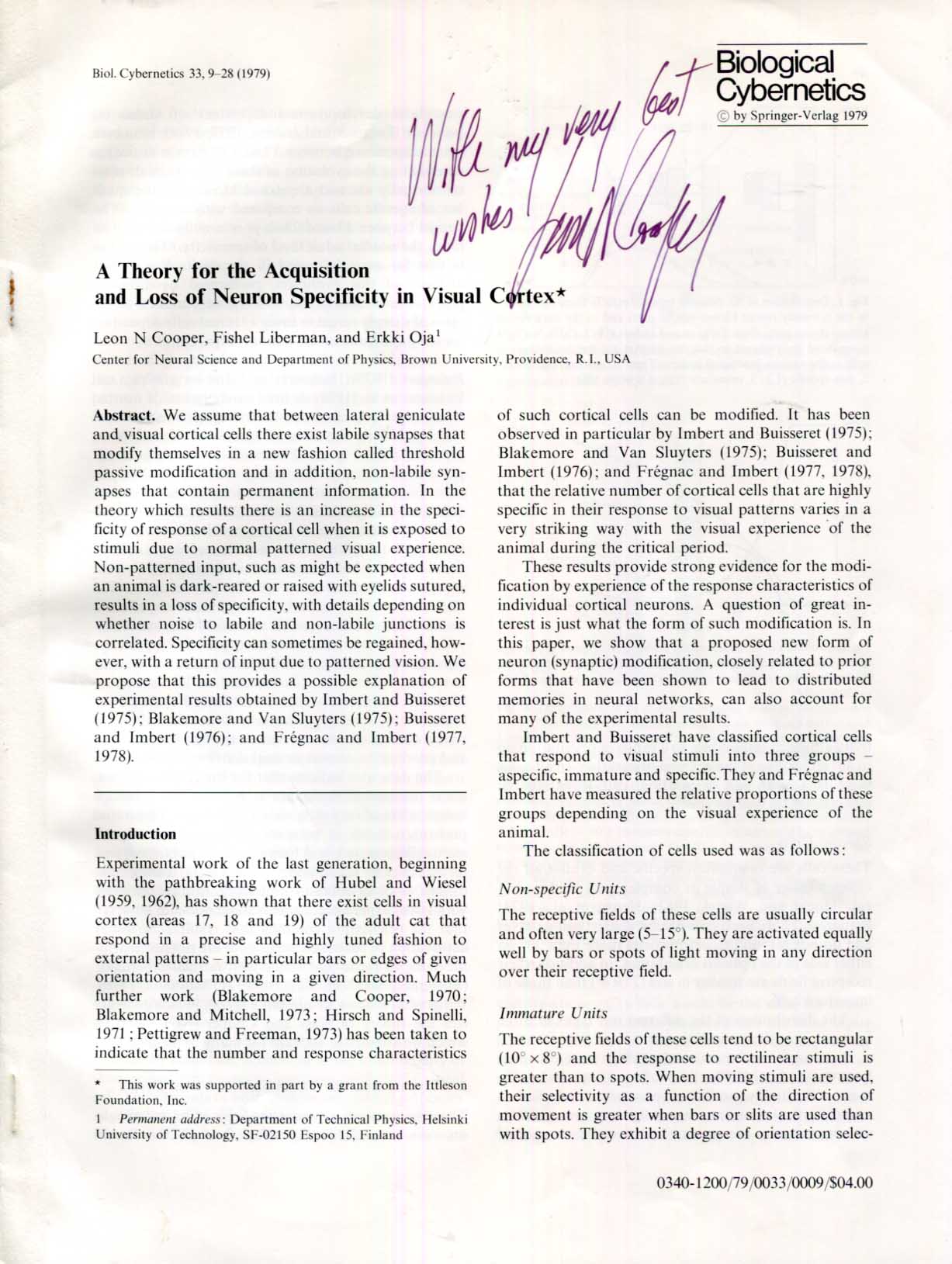 Leon Neil Cooper autograph, scientific article signed