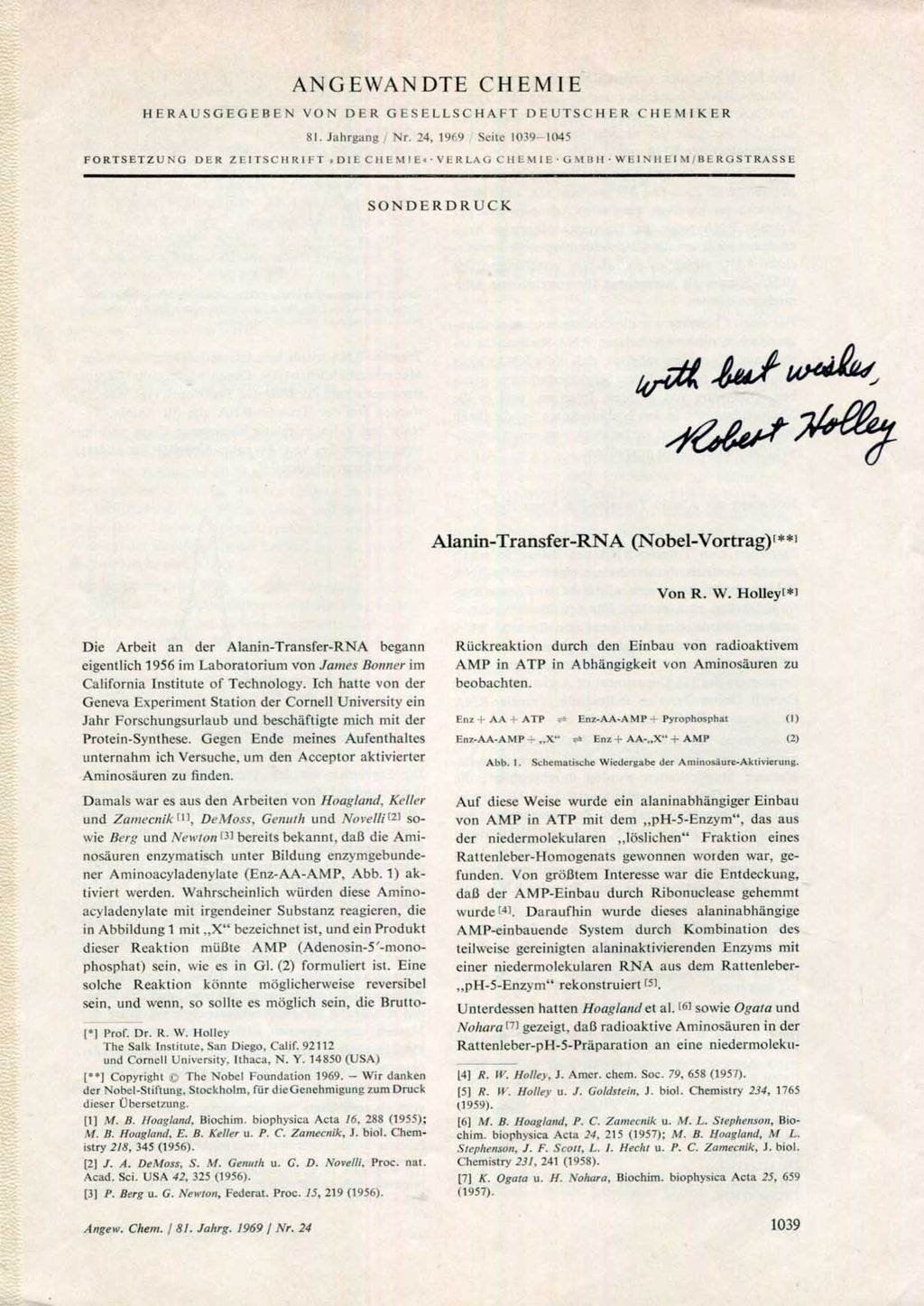 Robert William Holley autograph, scientific article signed