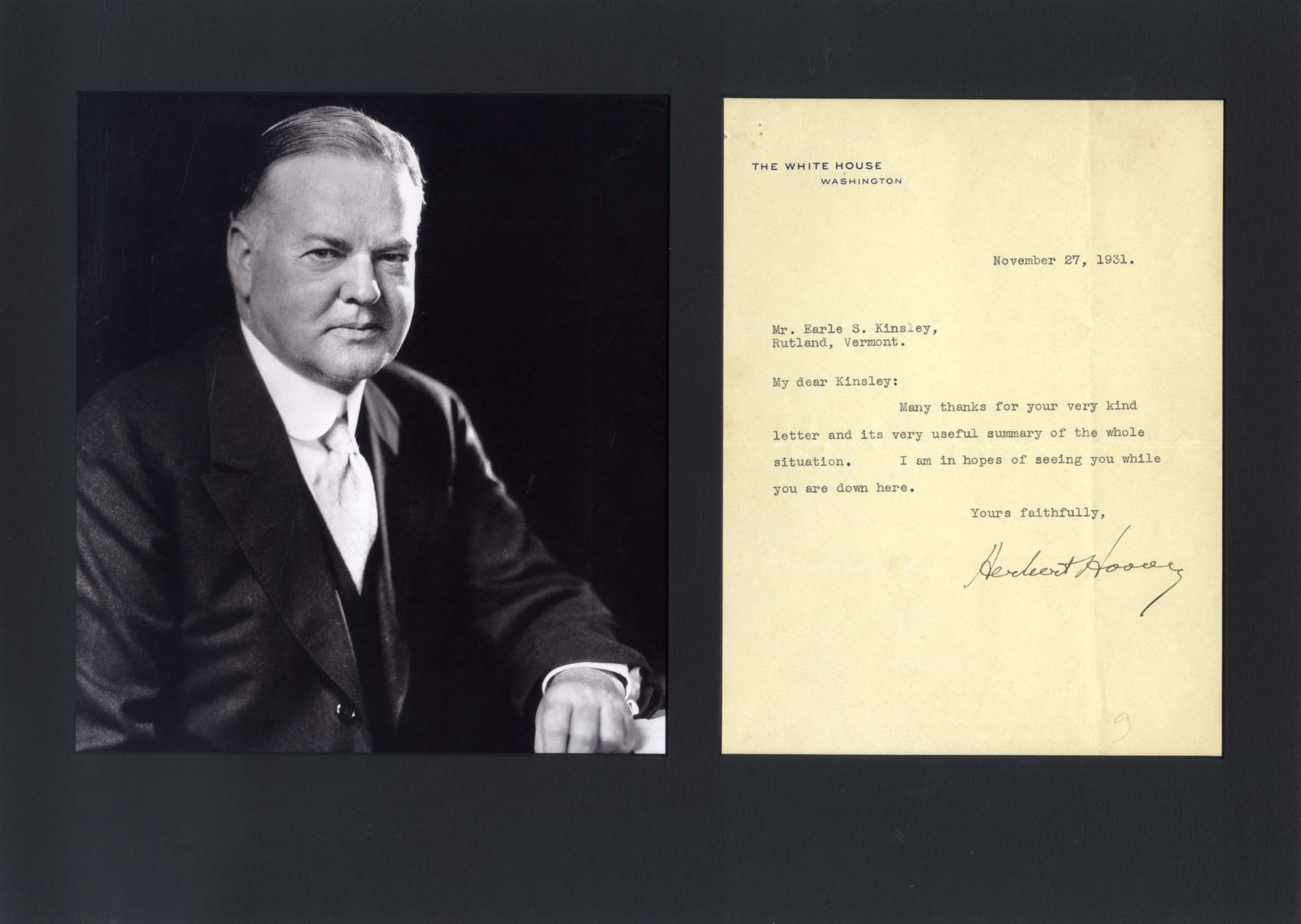 Herbert Hoover autograph, typed letter signed & mounted