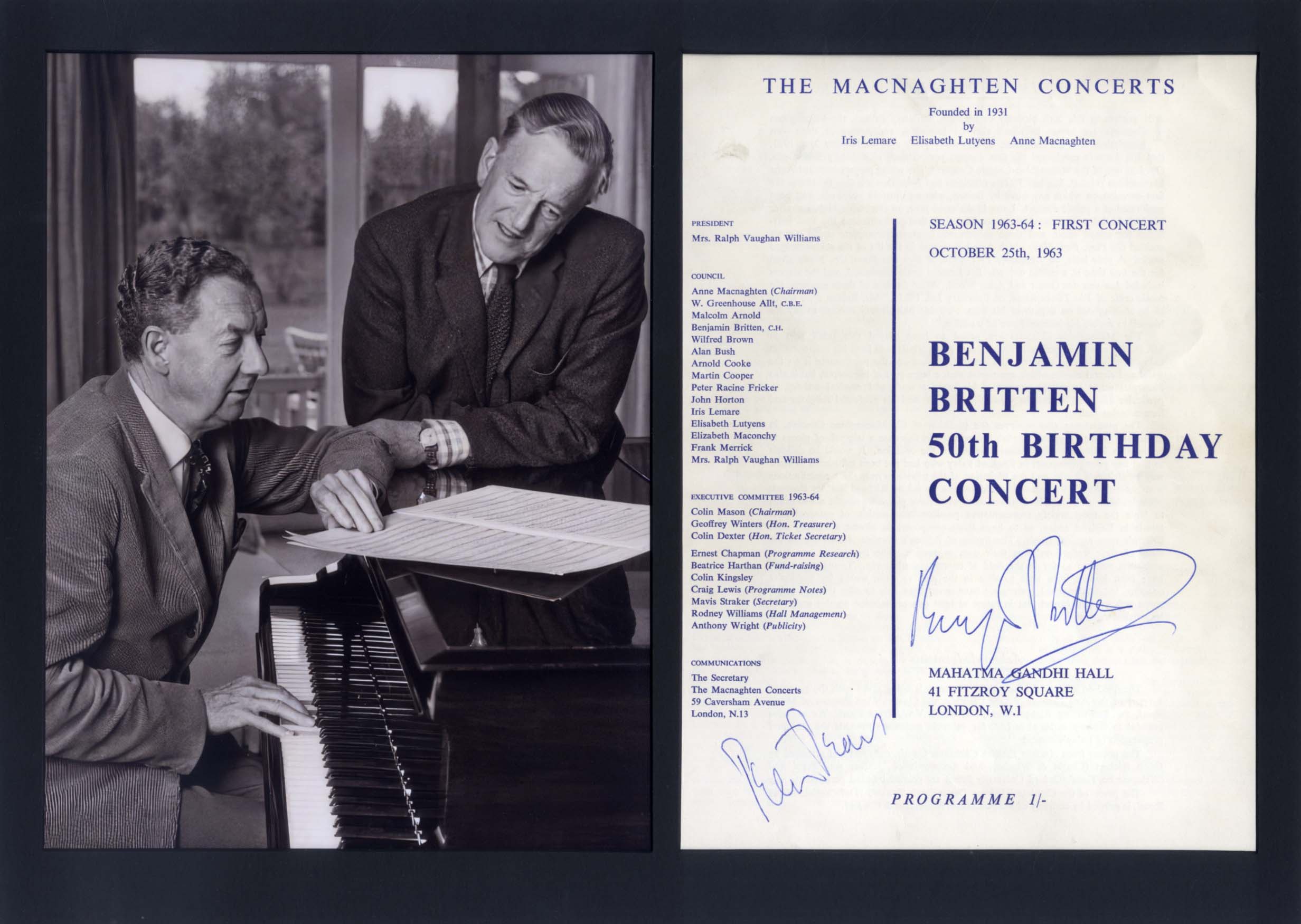 Benjamin Britten & Peter Pears autographs, signed concert programm ...