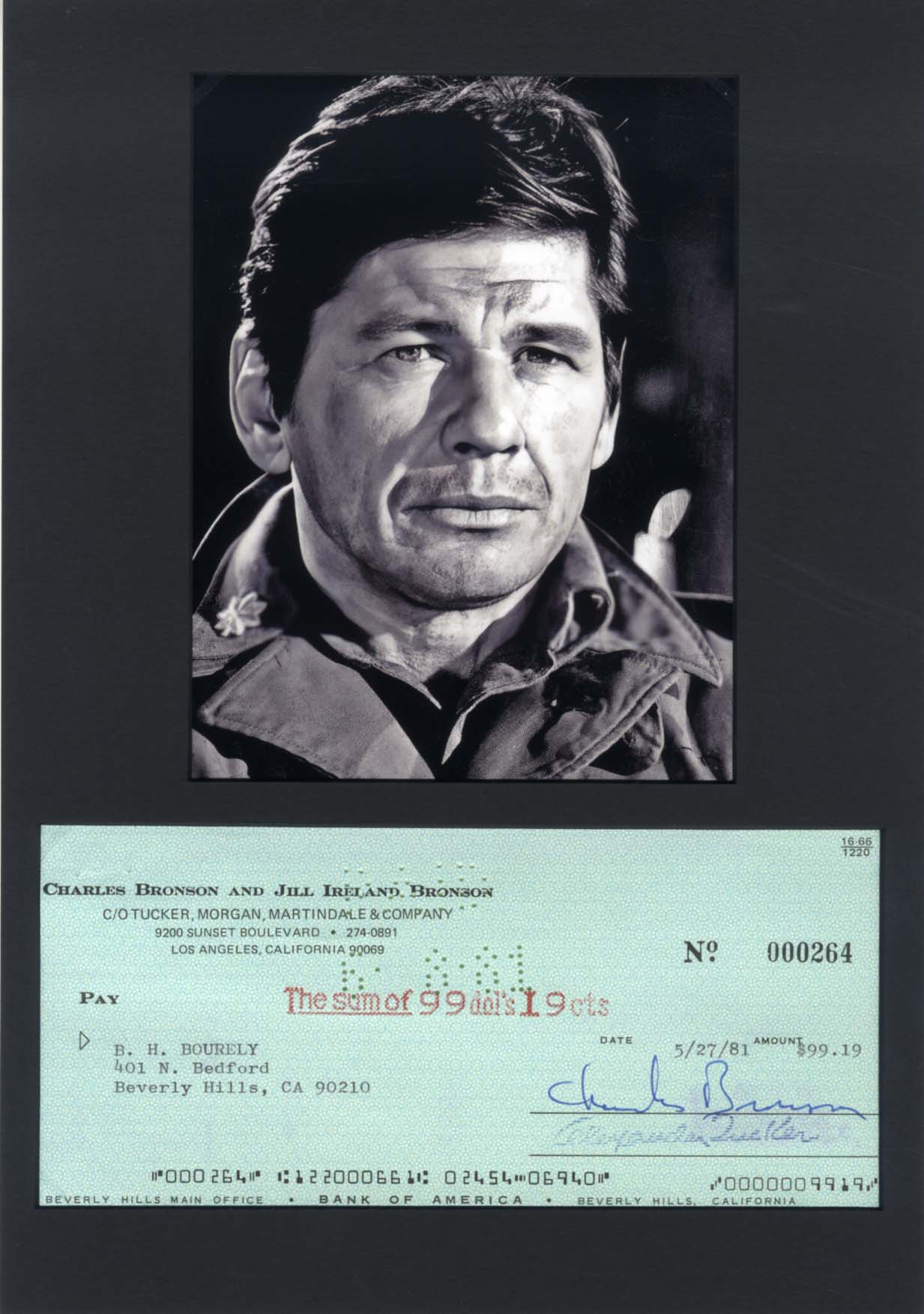 Charles Bronson autograph, signed check & mounted