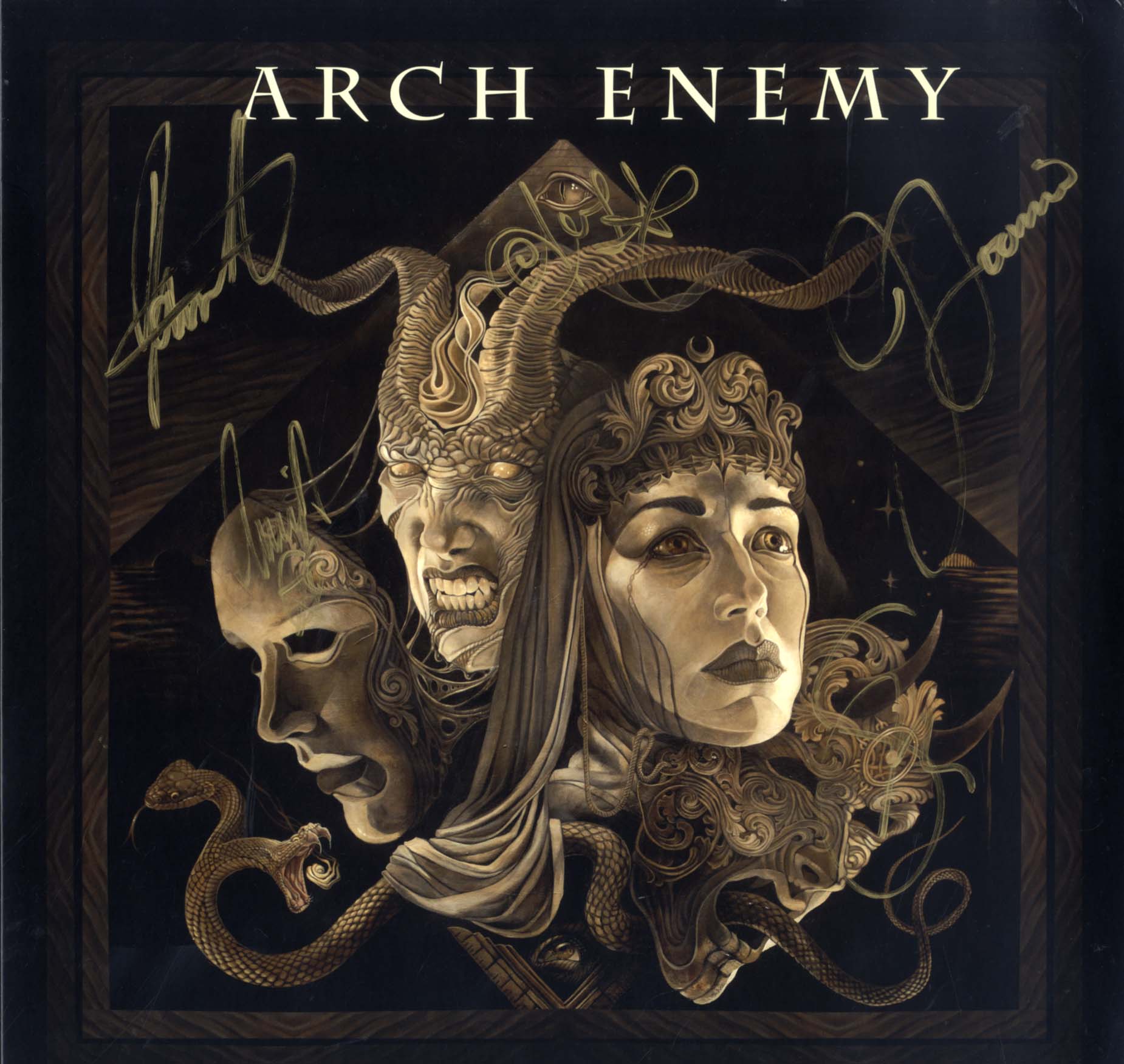 Arch Enemy (band) autographs, IP signed vinyl record cover