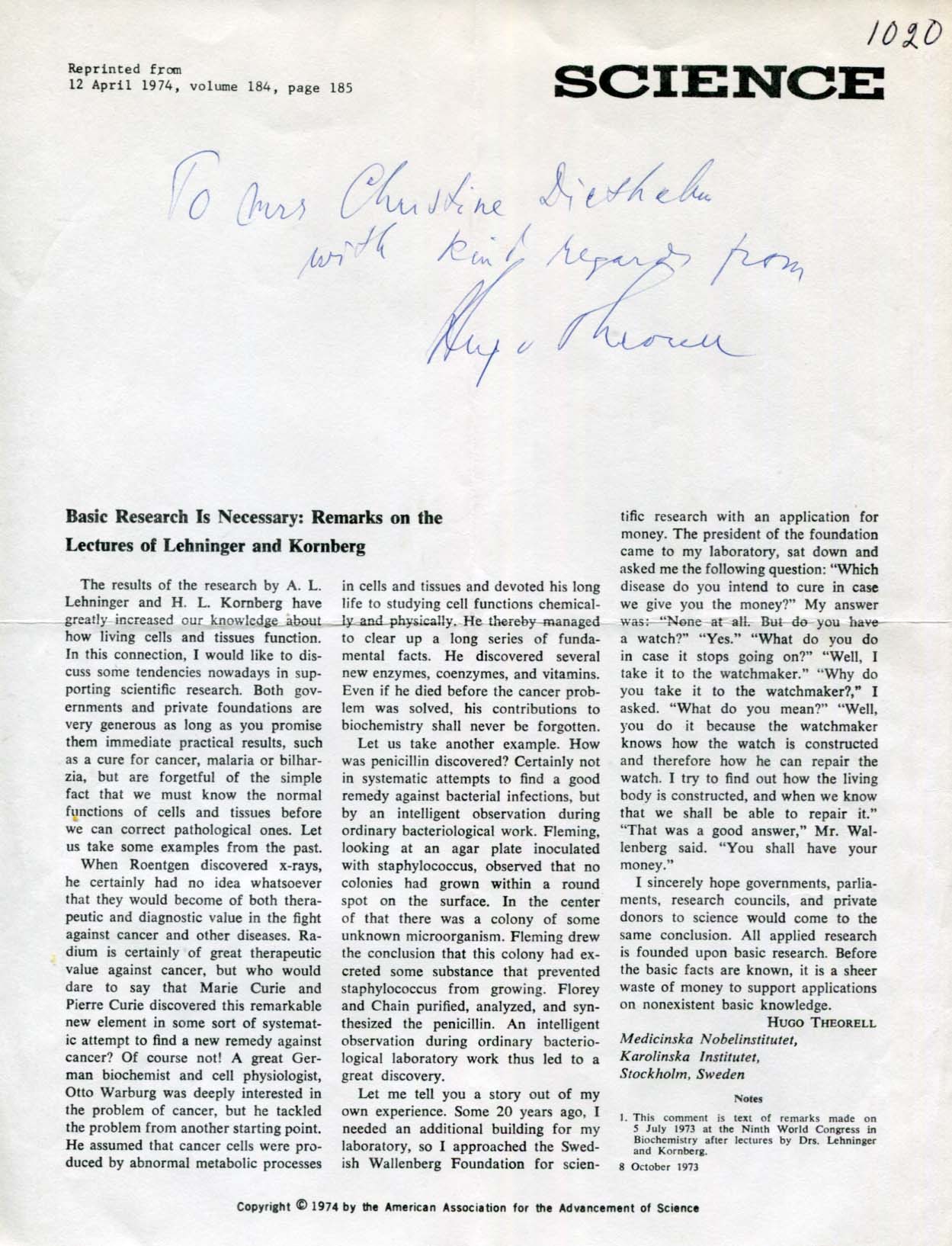 Axel Hugo Theodor Theorell Autograph | signed programmes / books