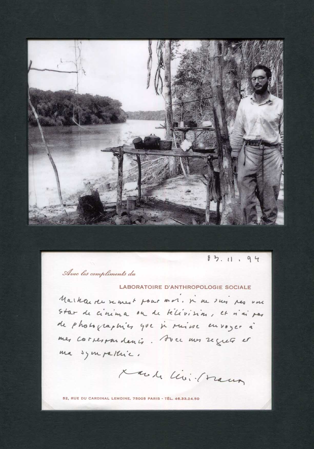 Claude Levi-Strauss autograph note signed & mounted