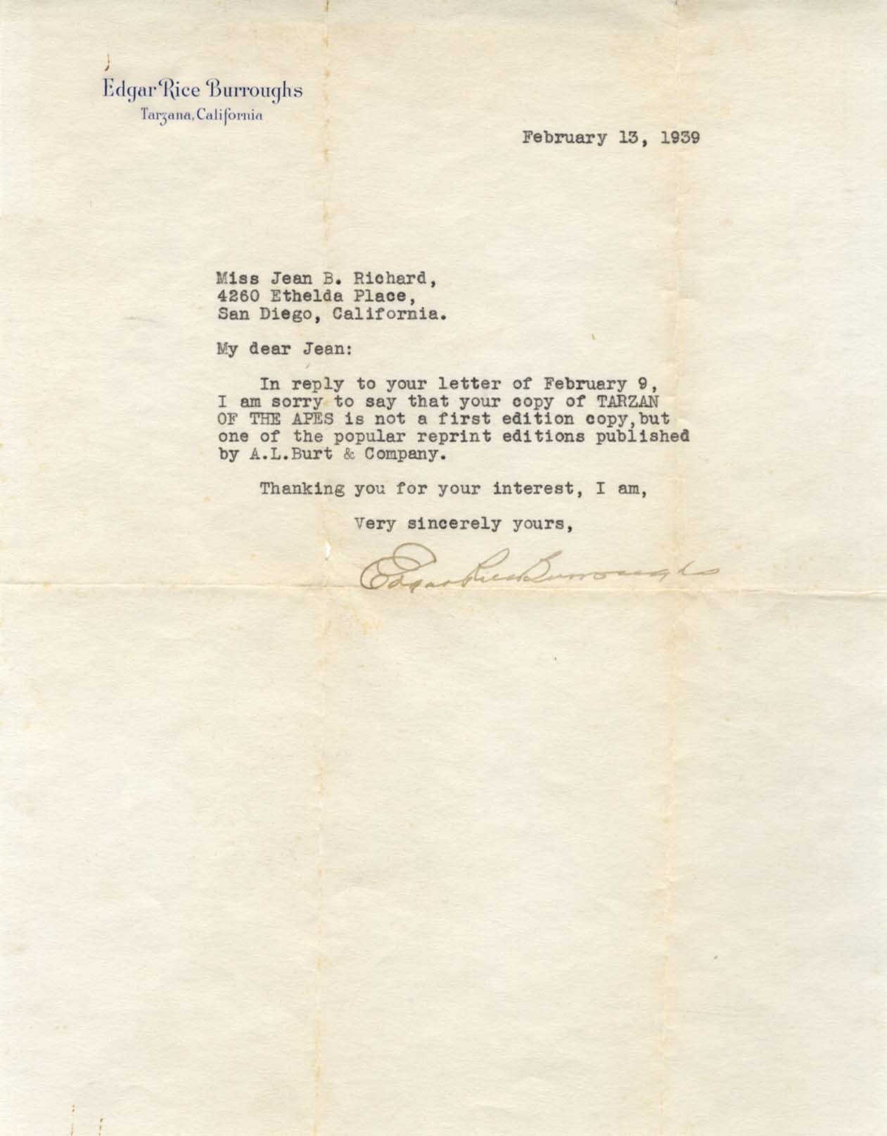 Edgar Rice Burroughs Autograph | signed letters