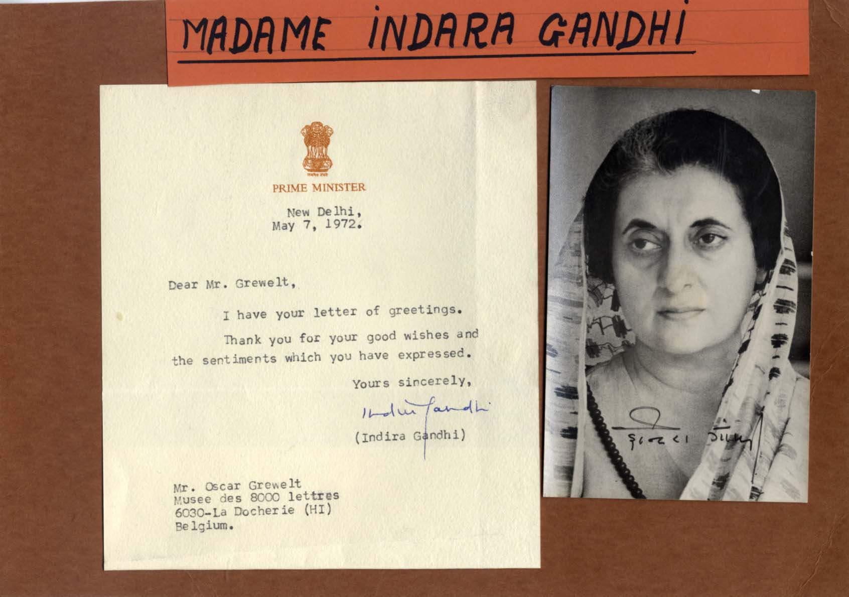 Indira Gandhi autographs, signed vintage photograph & typed letter signed