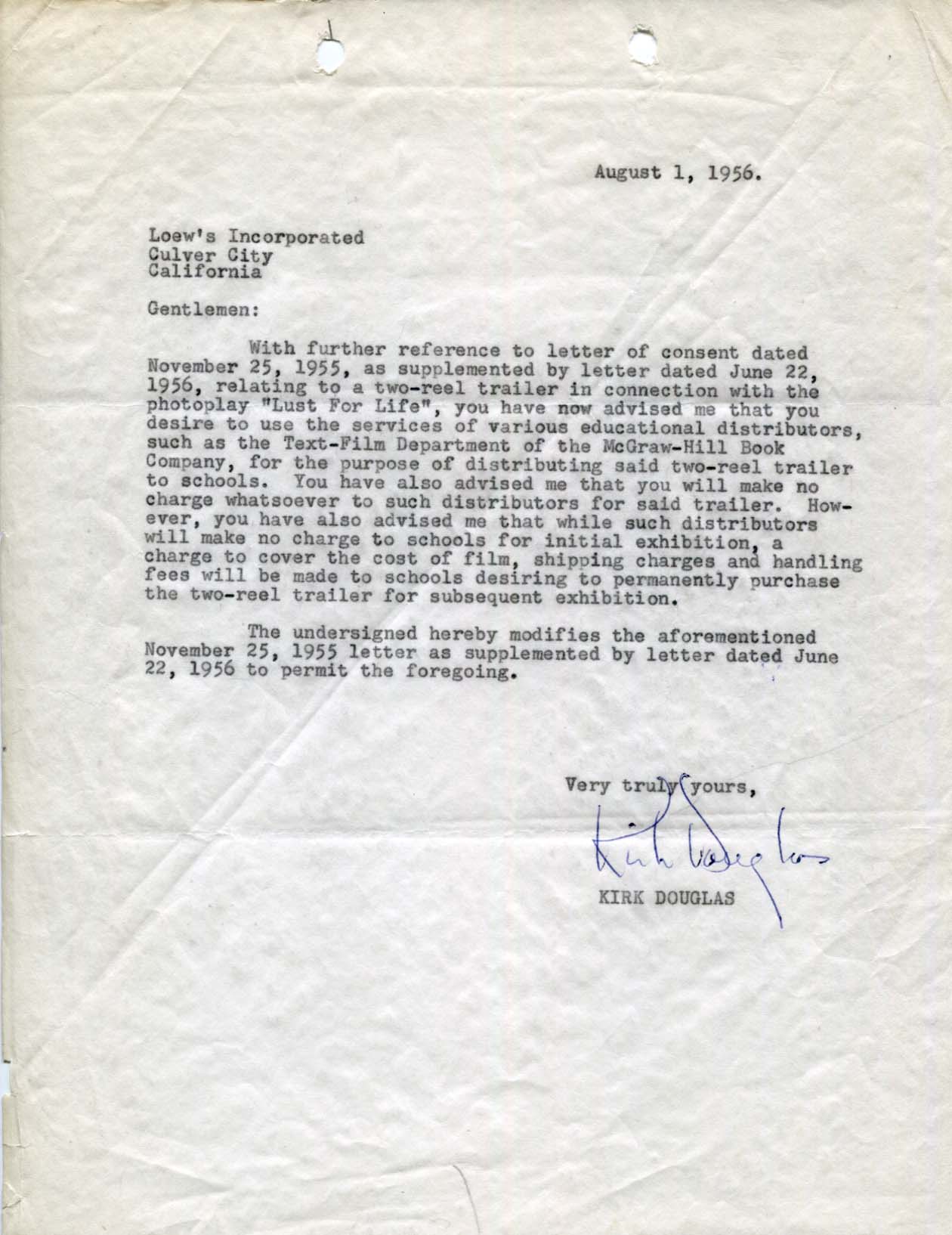 Kirk Douglas autograph, Document signed