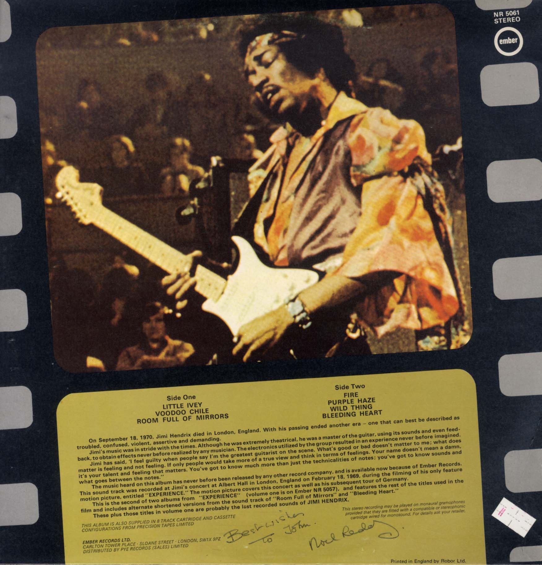 Noel Redding autograph, signed vinyl record cover