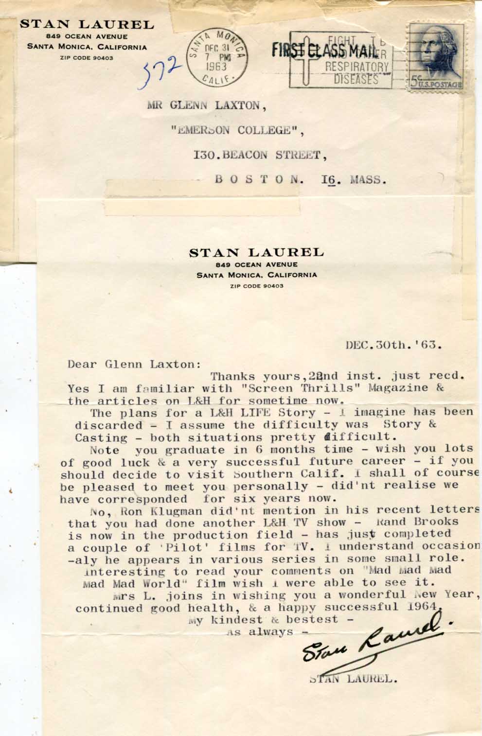 Stan Laurel autograph, typed letter signed