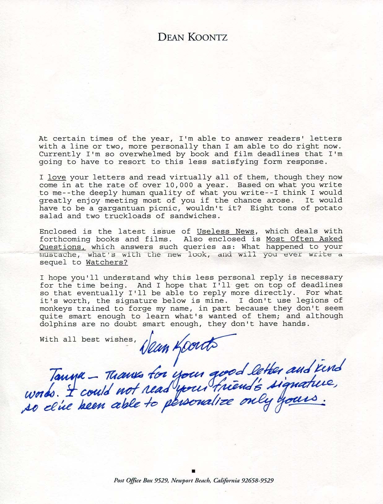 Dean Koontz Autogramm | Maschg. Brief mit eigenh. Schreiben signiert