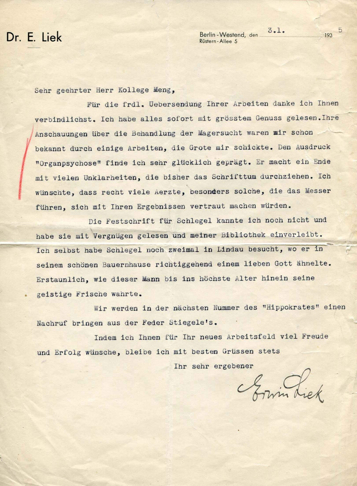 Erwin Liek autograph | Typed letter signed