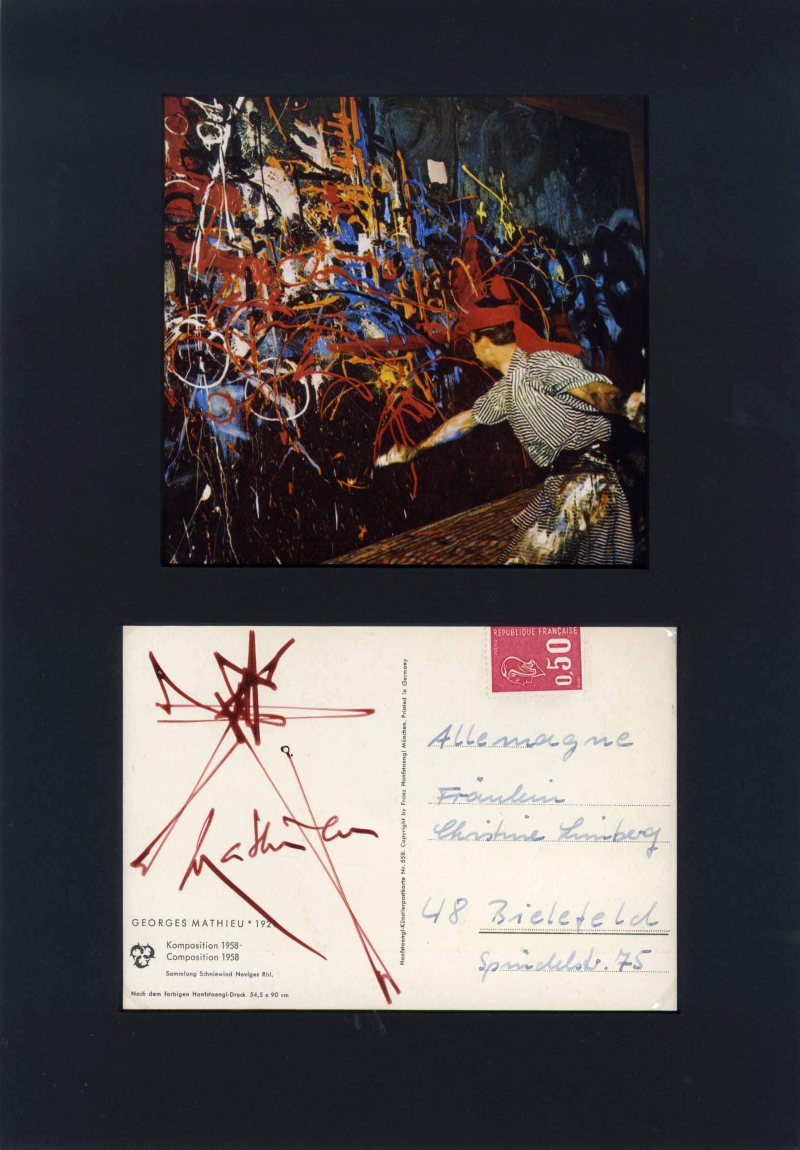 Georges Mathieu autograph | Signed art postcard (verso) mounted