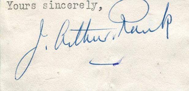 J. Arthur Rank Autograph | signed cards / album pages