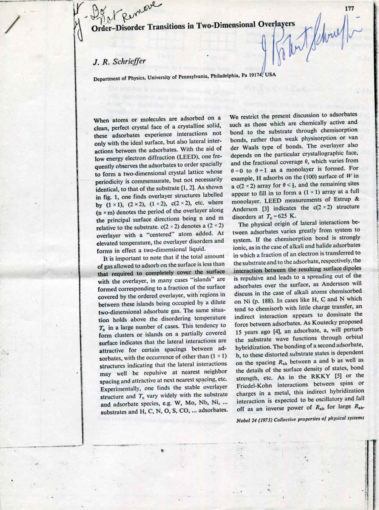 John Robert Schrieffer Autograph | signed programmes / books