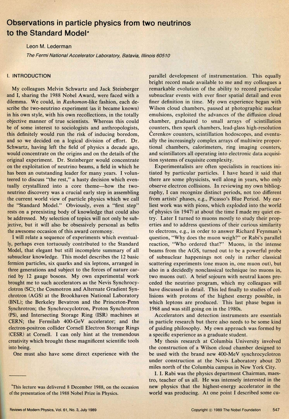 Leon Max Lederman autograph | Printed Nobel lectures in physics 1988 s