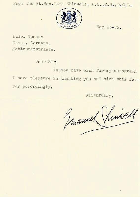 Manny Shinwell autograph | Signed letter