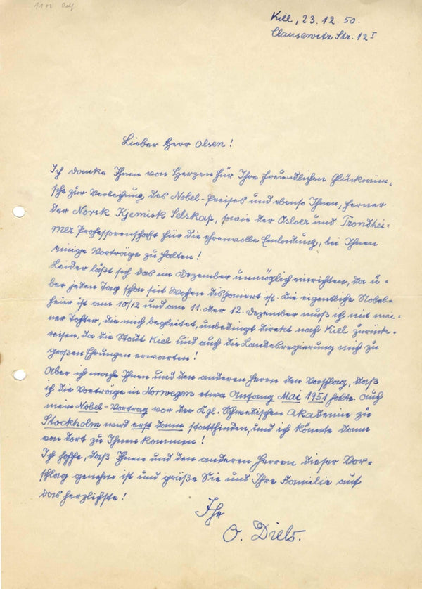 Otto Paul Hermann Diels autograph | Autograph letter signed