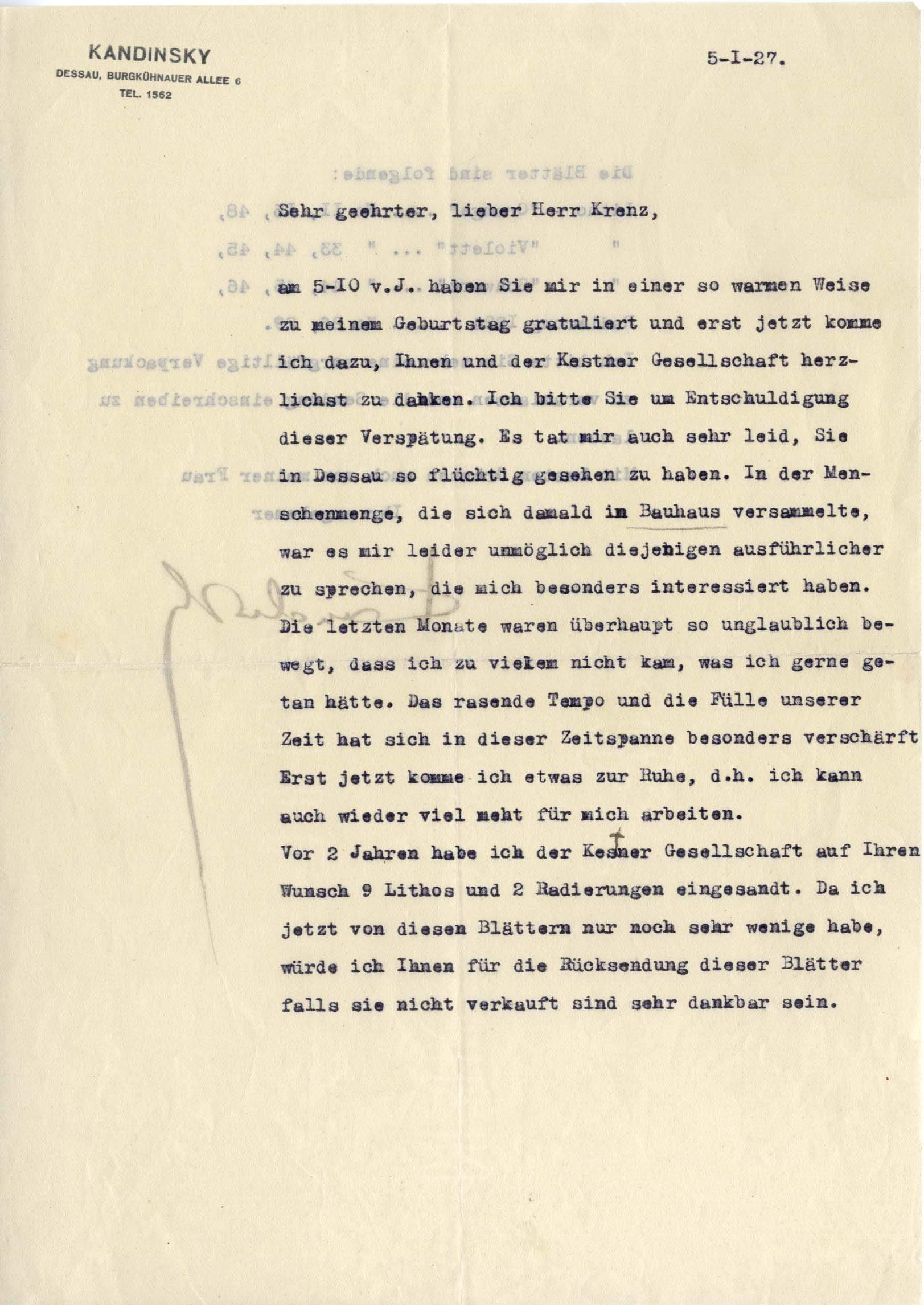 Wassily Wassilyevich Kandinsky autograph | Typed letter signed