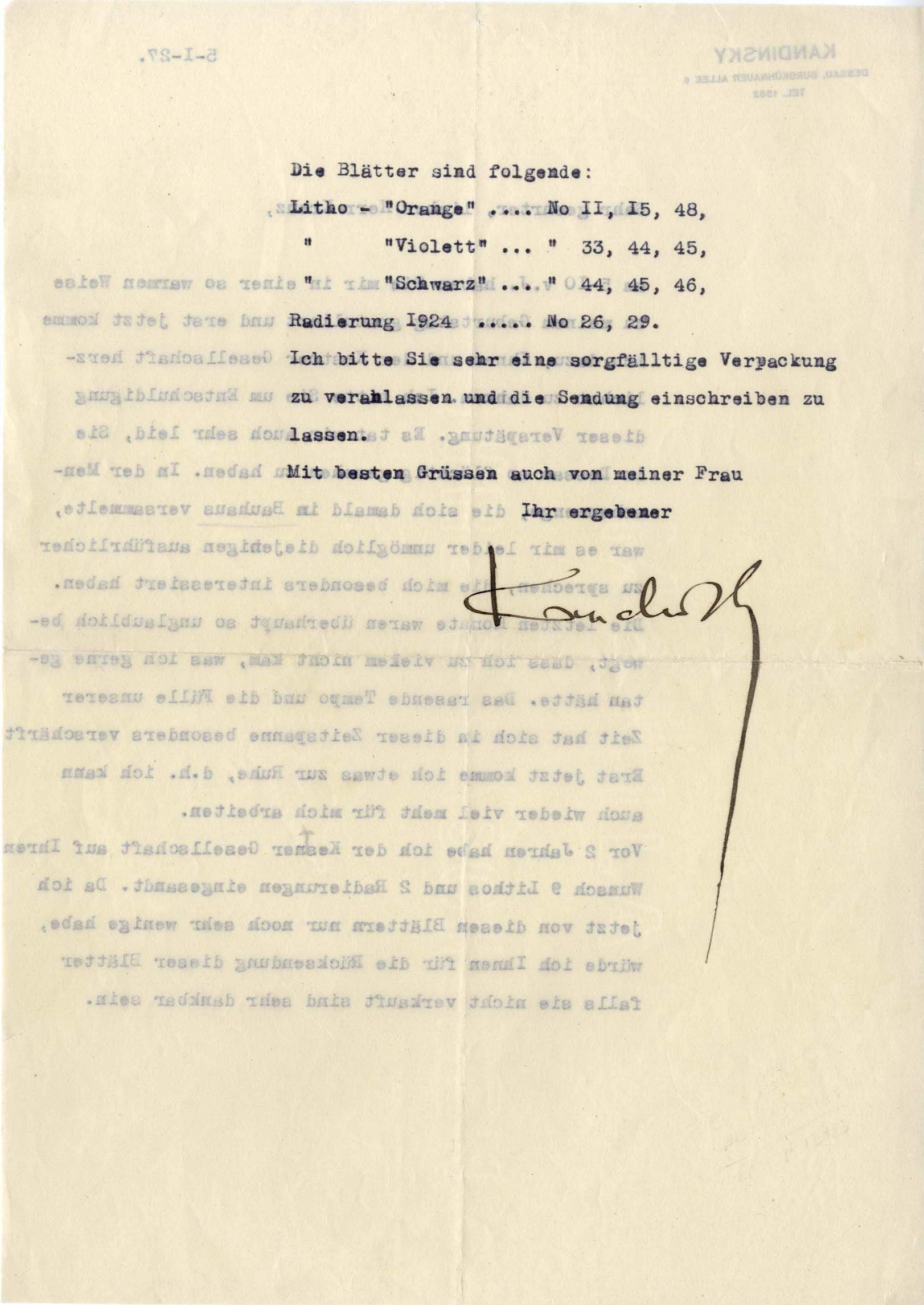 Wassily Wassilyevich Kandinsky autograph | Typed letter signed